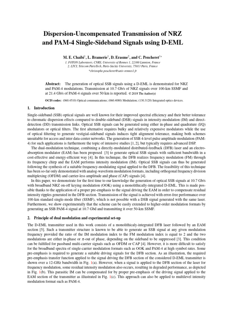 Dispersion-Uncompensated Transmission of NRZ and PAM-4 Single-Sideband ...