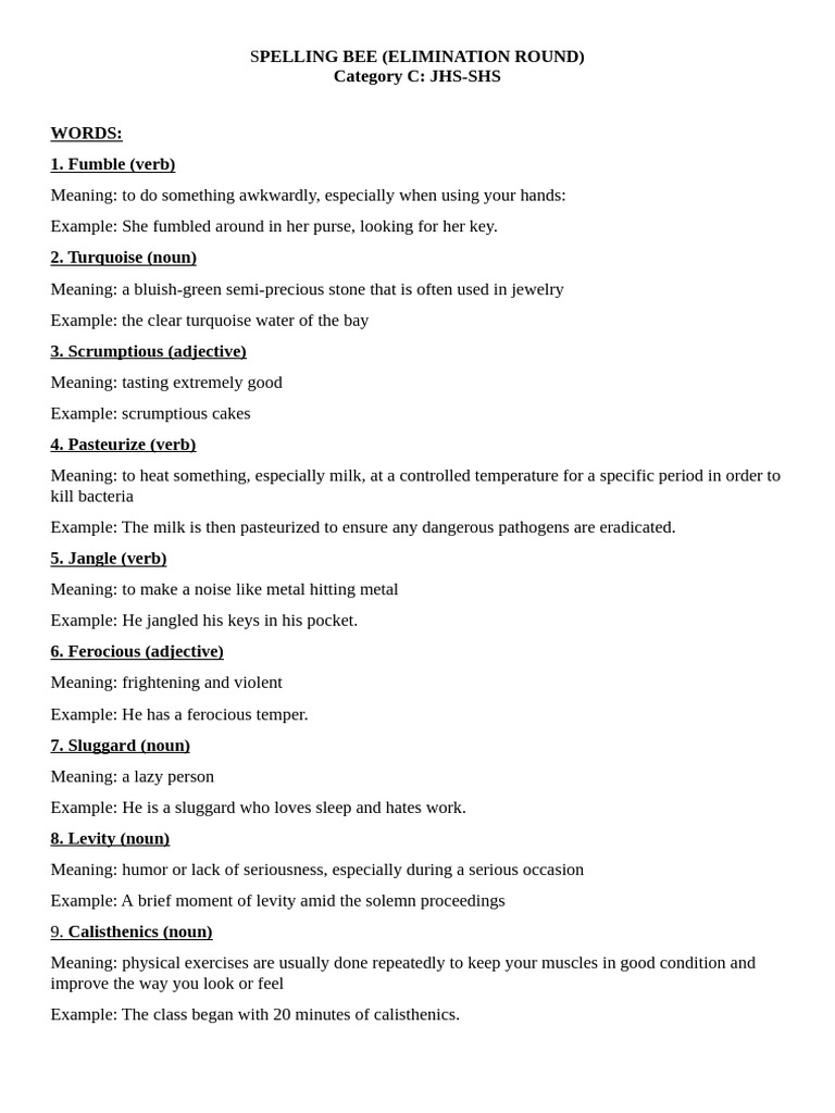Spelling Bee: JHS-SHS & Grades 4-6 | PDF | Noun