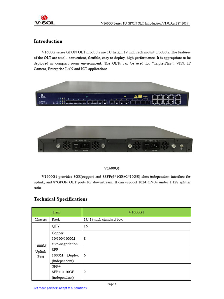 V1600G Series GPON OLT Introduction V1.0 | PDF | Multicast | Port (Computer Networking)