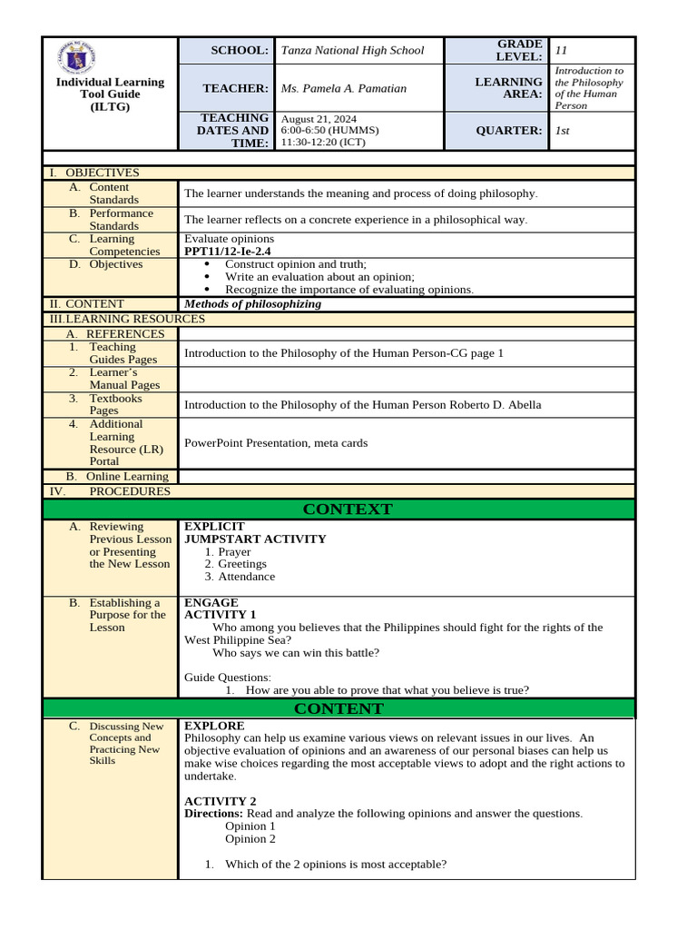 AUG 22 DLP-PHILO - Evaluate Opinions | PDF | Learning | Educational Technology