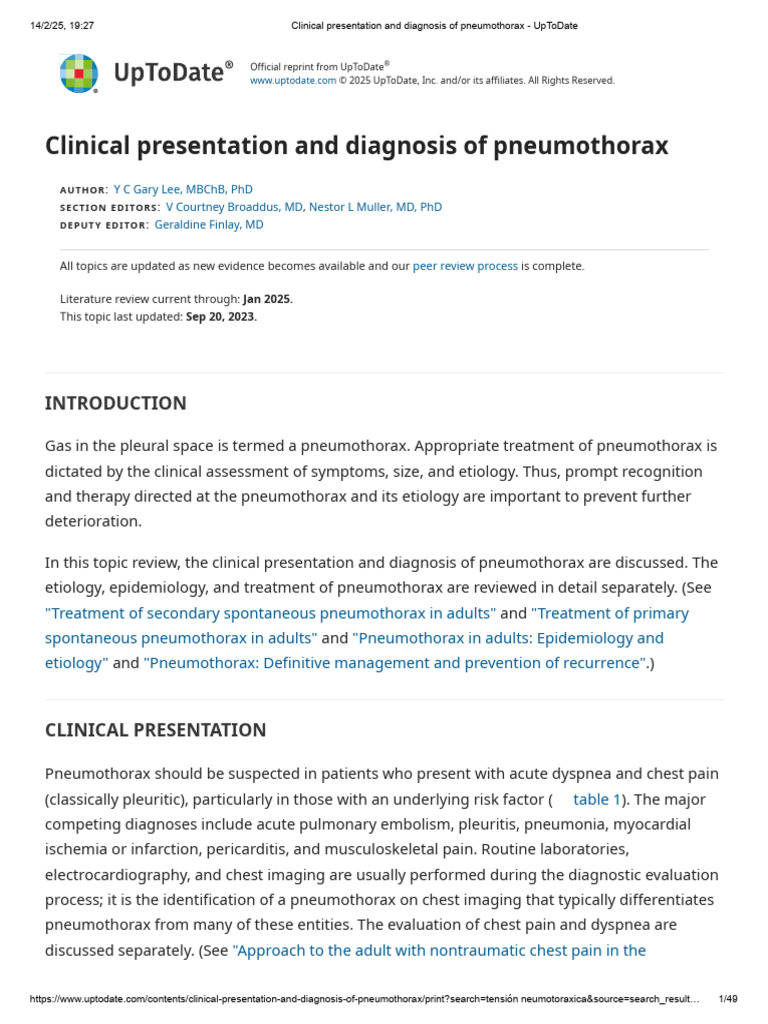 Clinical Presentation and Diagnosis of Pneumothorax - UpToDate | PDF ...