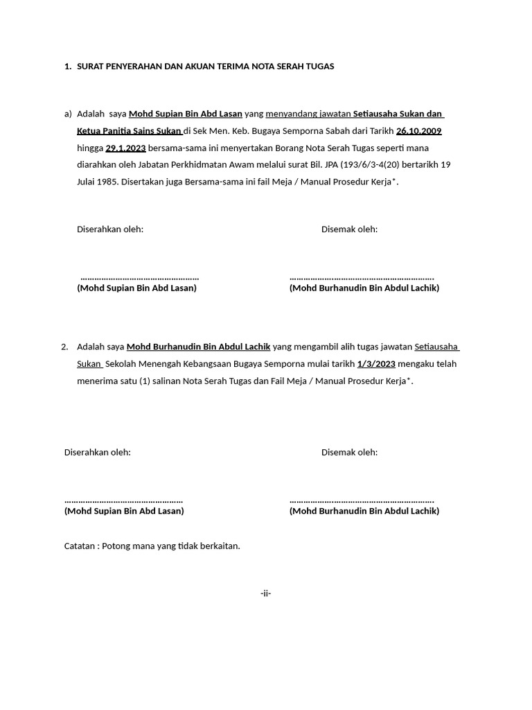 Surat Penyerahan Dan Akuan Terima Nota Serah Tugas | PDF