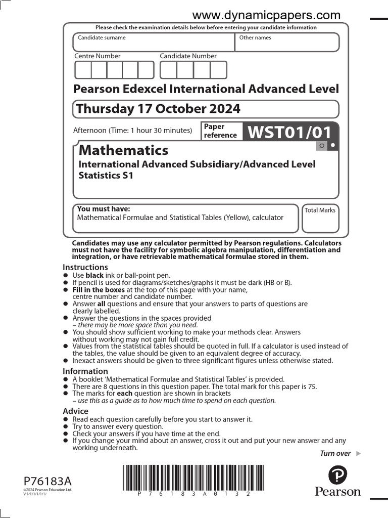 2410 WST01 01 IAL Statistics S1 October 2024 PDF | PDF | Linear Regression | Regression Analysis
