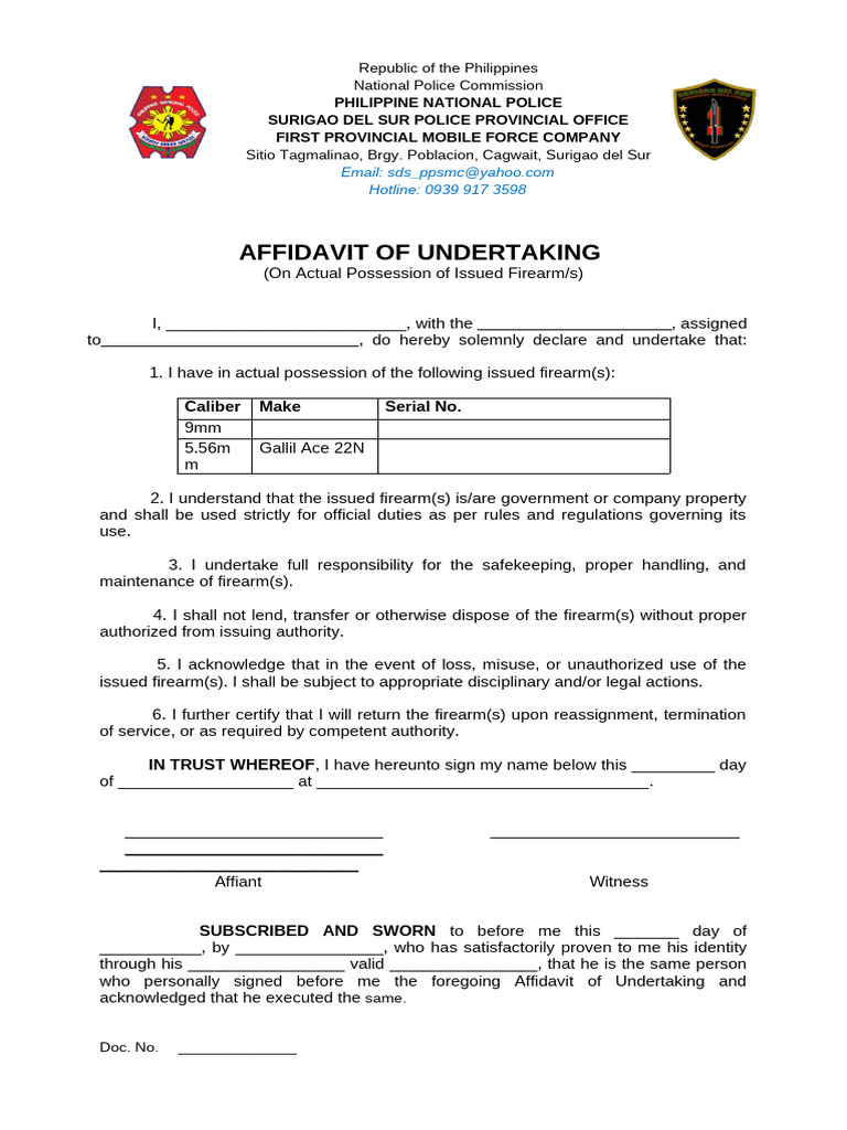Affidavit of Undertaking - Firearms | PDF | Affidavit | Justice