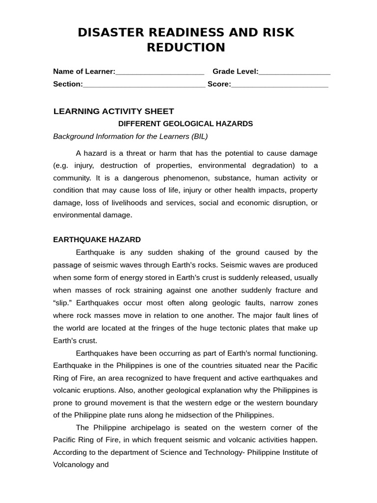 Disaster Readiness and Risk Reduction | PDF | Earthquakes | Volcano
