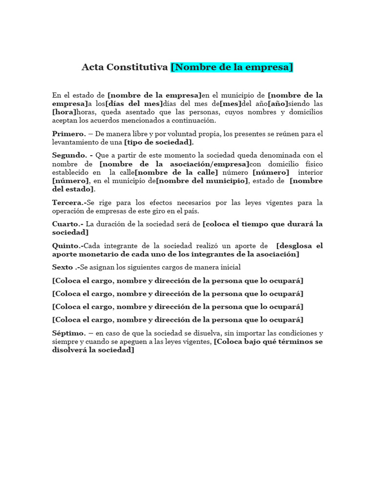 Formato de Acta Constitutiva para Word en Línea. | PDF
