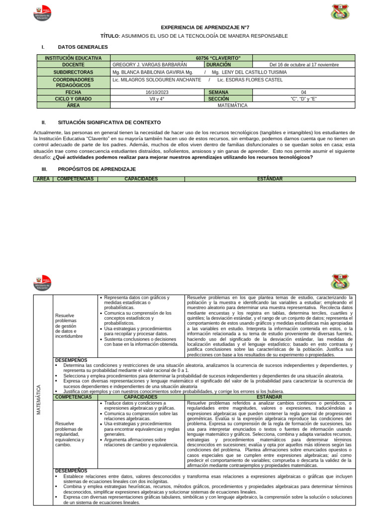 EdA #7 - 4to Sec - 2023 | PDF | Ecuaciones | Probabilidad