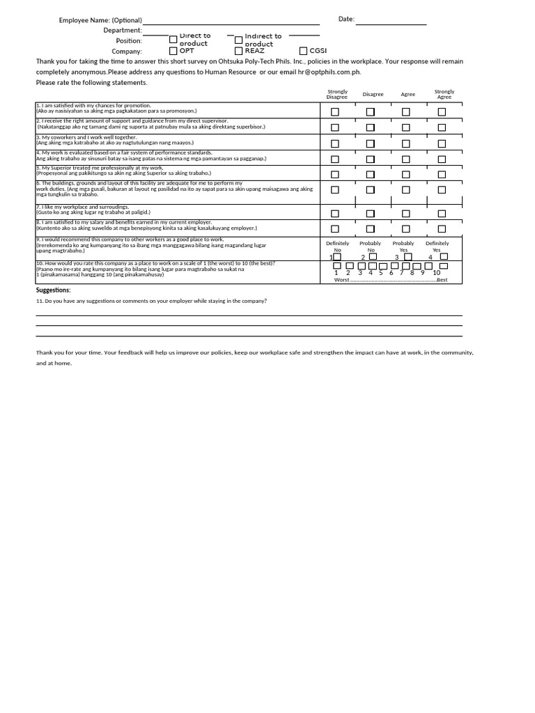 Employee Survey Questionnaire | PDF | Employment | Labor