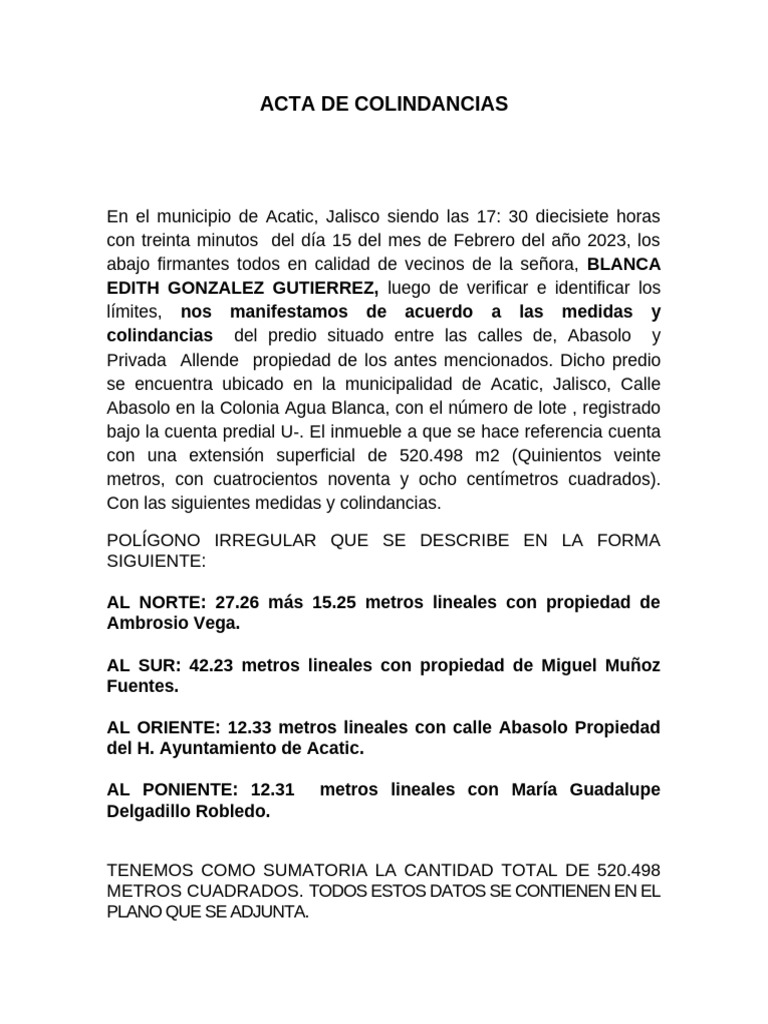 Acta de Colindancias Blanca Edith Gonzalez | PDF | Gobierno | Eventos ...