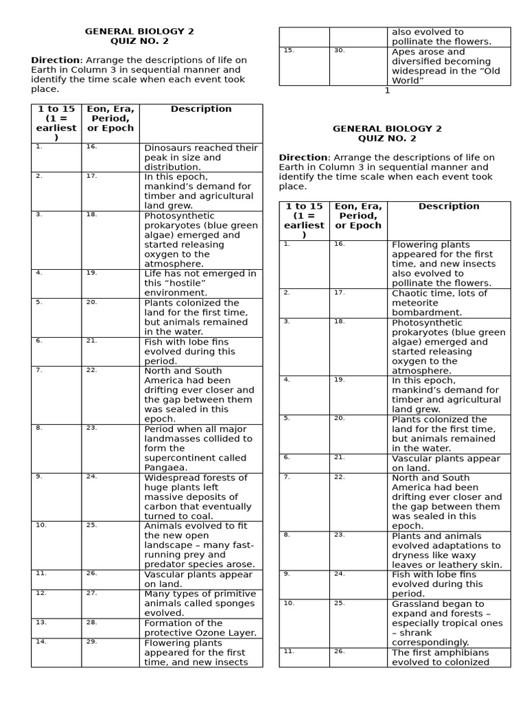 Earth Life Events Timeline Quiz | PDF | Plants | Biology