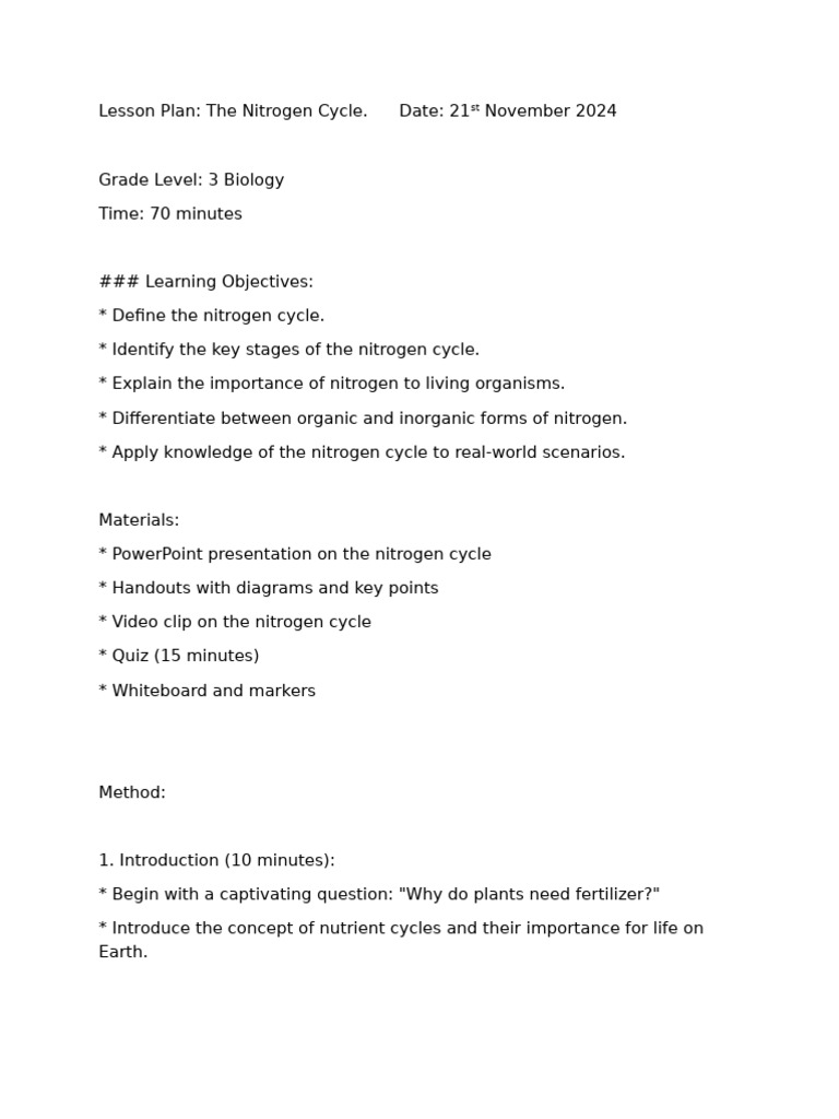 Grade 3 Nitrogen Cycle Lesson Plan | PDF