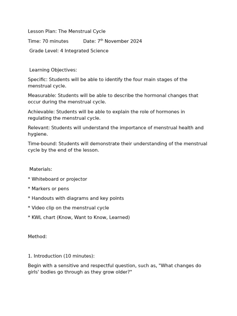 Menstrual Cycle Lesson Plan for Grade 4 | PDF | Menstrual Cycle ...
