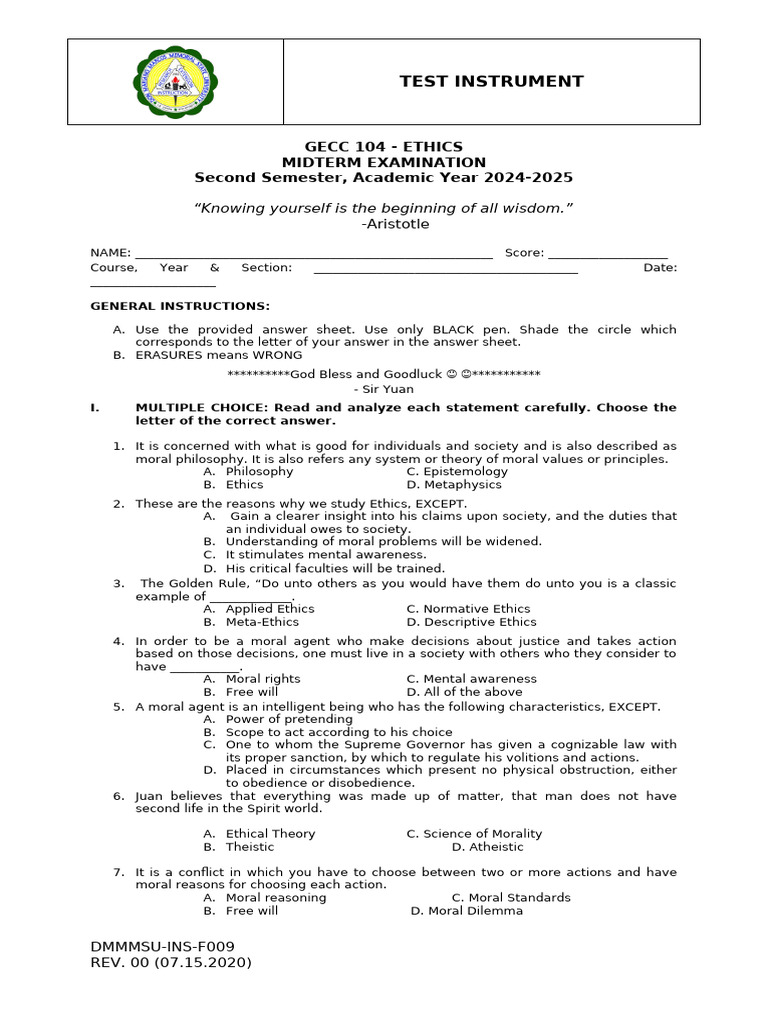 GECC 104 Ethics Midterm Exam Guide | PDF | Morality | Liberal Arts Education