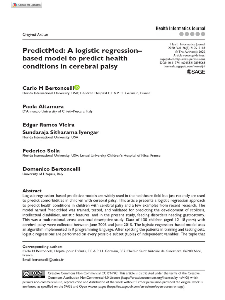 Bertoncelli Et Al 2020 Predictmed A Logistic Regression Based Model To Predict Health Conditions ...