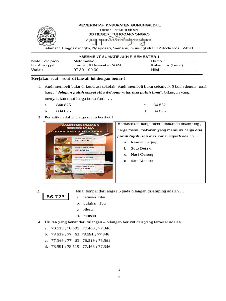 Soal Asas MTK KLS 5 2024 | PDF