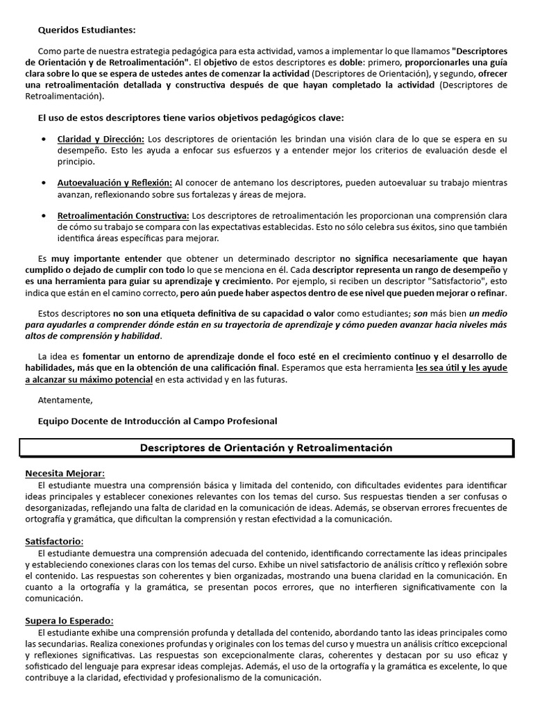 Descriptores de Orientación y Retroalimentación | PDF | Aprendizaje | Comunicación