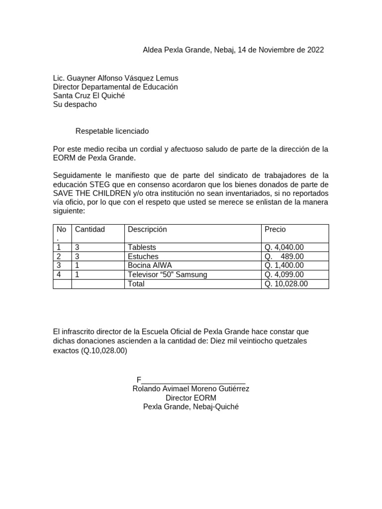 Informe de Donaciones EORM Pexla Grande | PDF