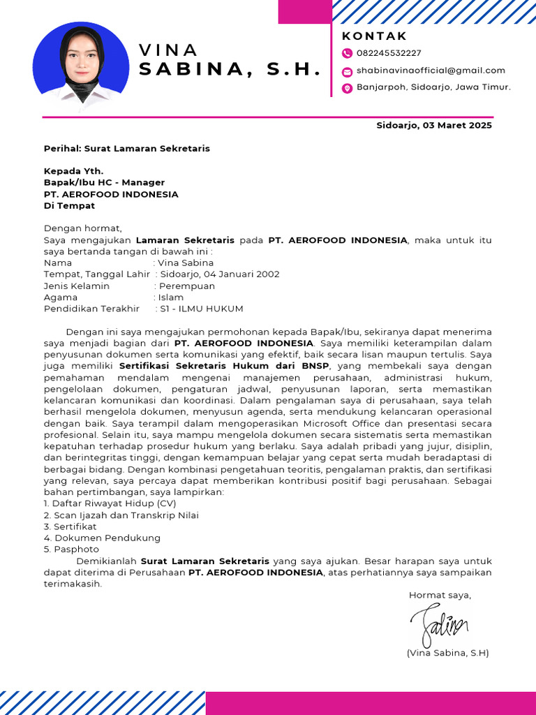 Surat Lamaran, CV & Dokumen Pendukung - Vina Sabina. - Organized | PDF