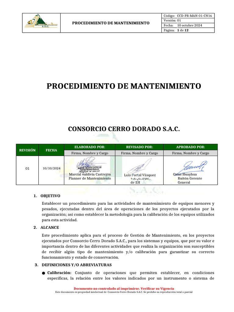 CCD-PR-MAN-01 Procedimiento de Mantenimiento y Calibración de Equipos. | PDF | Calibración ...