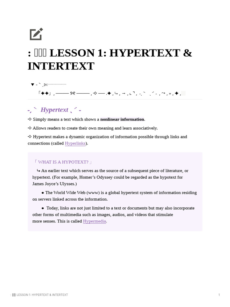 LESSON 1 HYPERTEXT INTERTEXT | PDF | Intertextuality | Hypertext