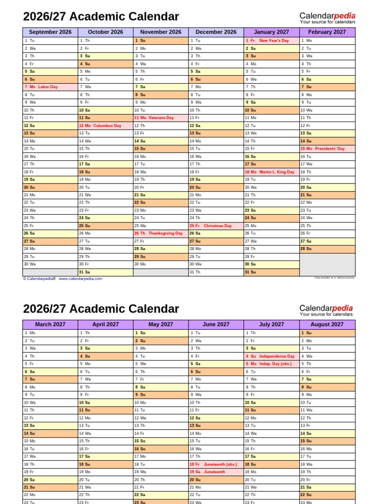 Academic Calendar 2026 2027 Landscape 2 Pages | PDF