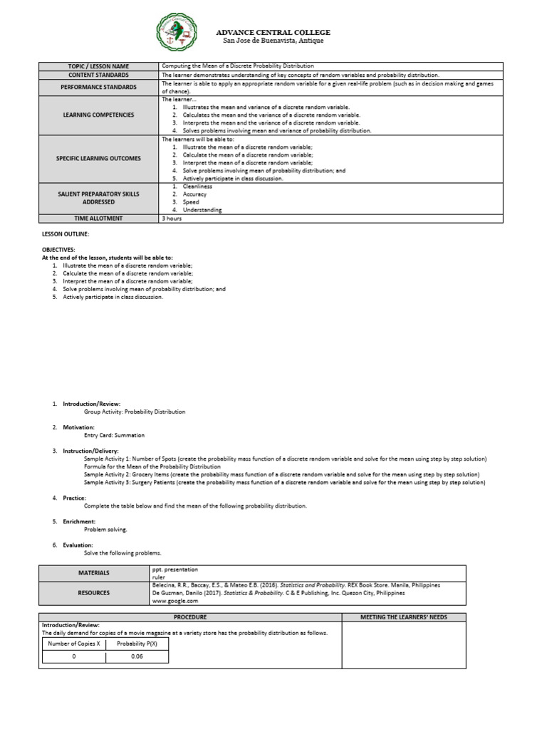 Mean of Discrete Probability Distribution | PDF | Mean | Probability ...