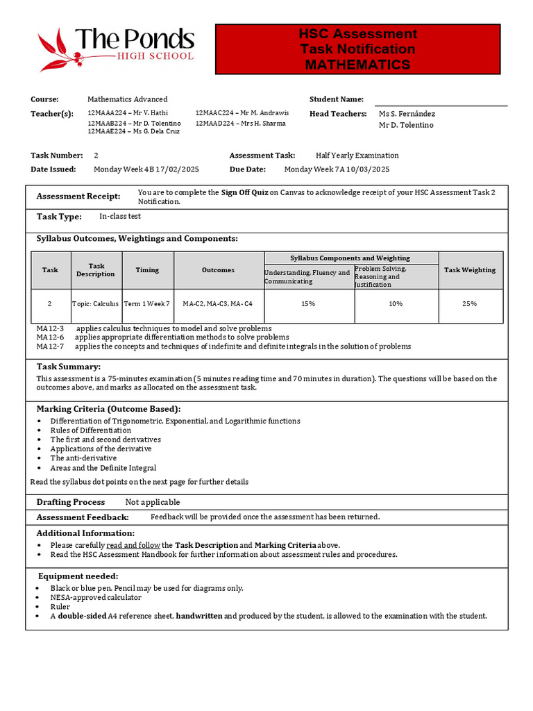 HSC Advanced Maths Exam Notification 2025 | PDF | Integral | Function ...