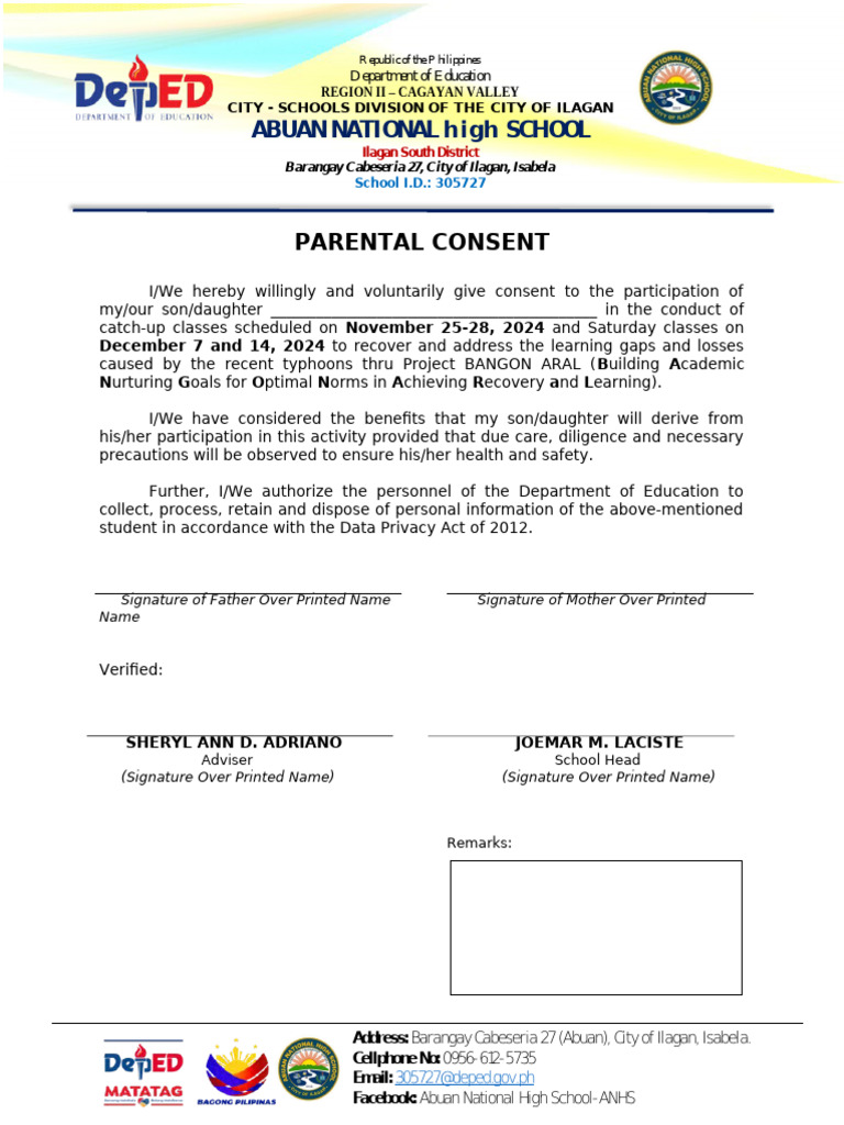 PARENTAL CONSENT - Project BANGON ARAL | PDF