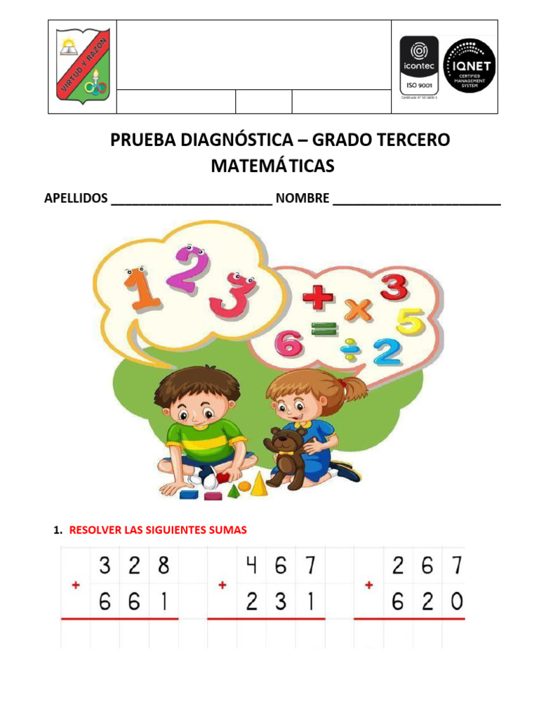 Prueba Diagnóstica - Grado Tercero - Matemáticas | PDF
