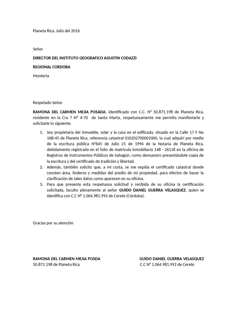 poder agustin codazzi areas y linderos | PDF