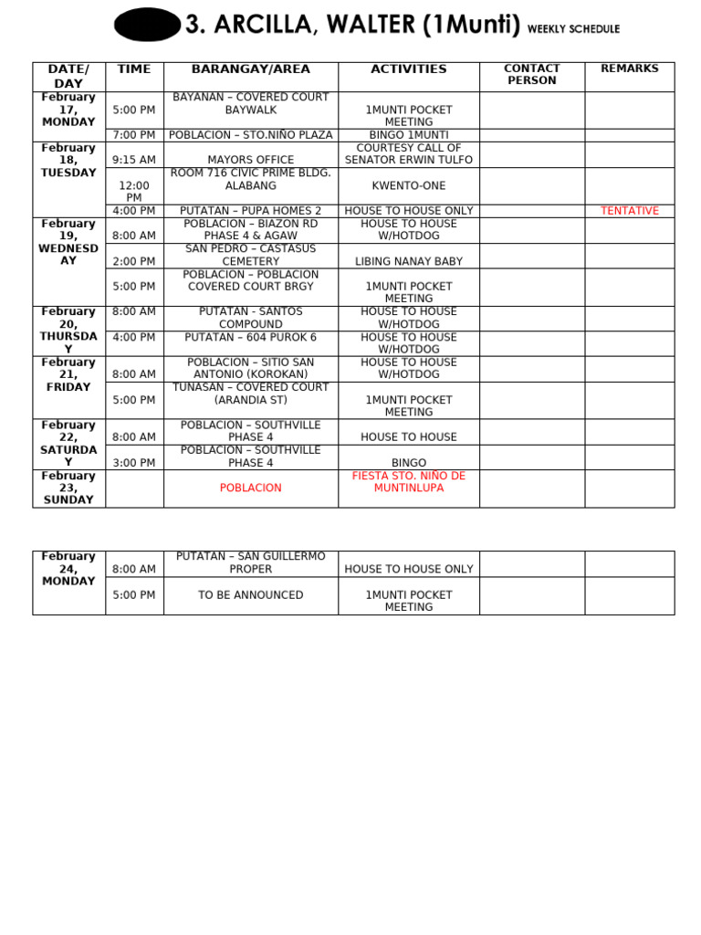 Bayanan Baywalk Activities Schedule | PDF