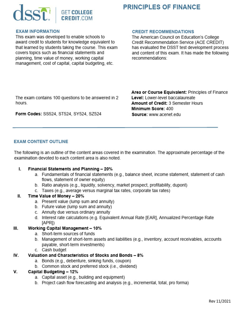 DSST PrinciplesofFinance | PDF | Equity (Finance) | Financial Risk