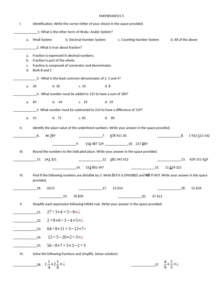 Mathematics Exam Grade 5 | PDF | Numbers | Arithmetic