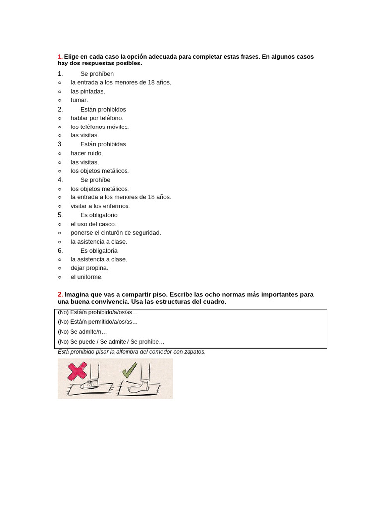 Ejercicios Obligatoriedad y Prohibicion A2 Ele B1.1 | PDF
