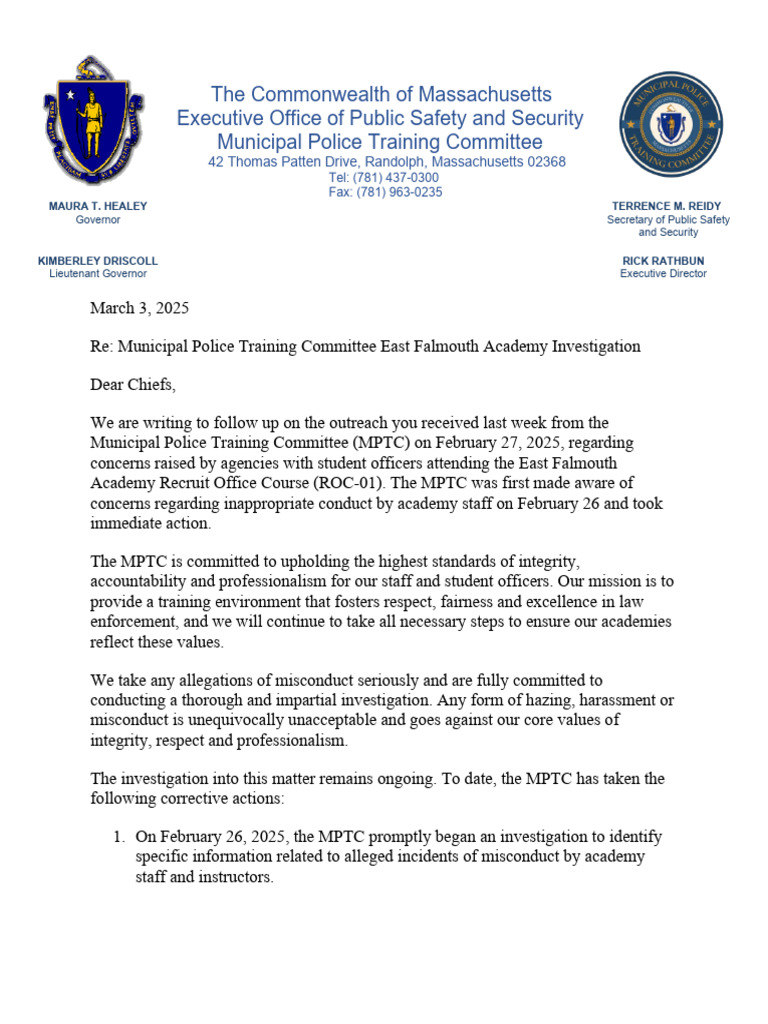 MPTC Letter To Chiefs Ref. East Falmouth Academy Investigation | PDF