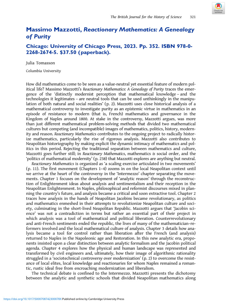 Massimo Mazzotti,: Reactionary Mathematics: A Genealogy of Purity | PDF ...
