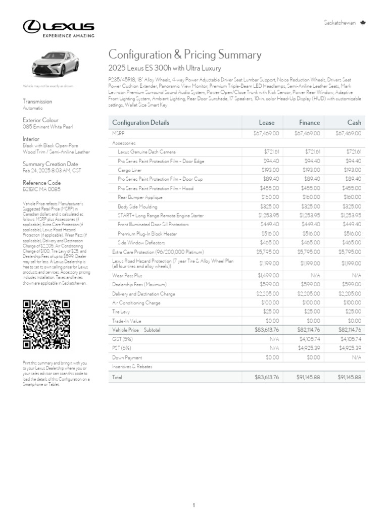 Lexus Configuration and Pricing 2025 ES 300 Low H Low 2025-02-24 | PDF ...