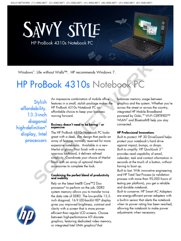 Notebook HP Probook 4310s | PDF | Windows Vista | Laptop