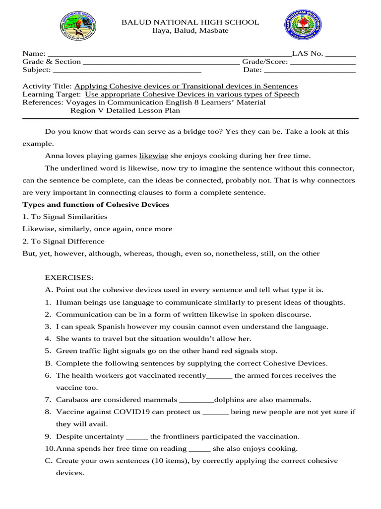 Cohesive Devices | PDF | Sentence (Linguistics) | English Language