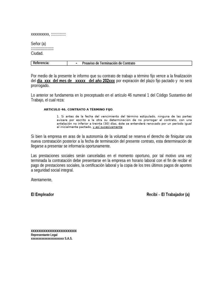 Modelo de Preaviso de Terminación de Contrato | PDF