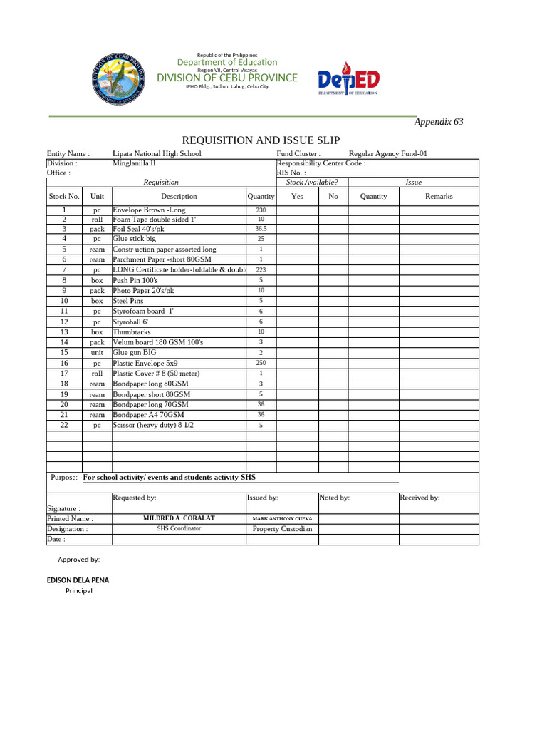 Requisition and Issue Slip for School Supplies | PDF