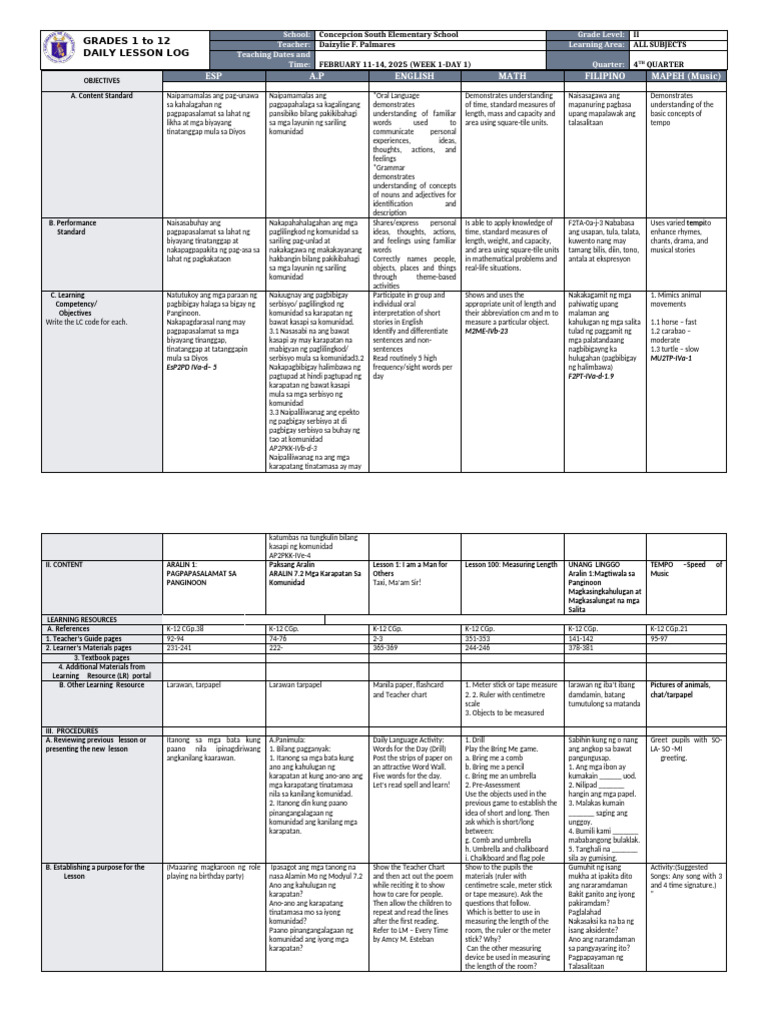 DLL_ALL SUBJECTS 2_Q4_W1_D1 | PDF