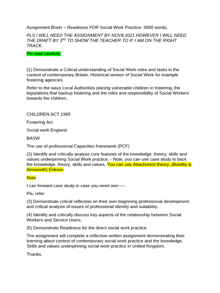 Assignment Briefs - Readliness To Social Work England | PDF
