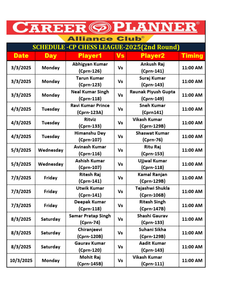 Schedule Cp-Chess League 2025 (2nd Round) | PDF