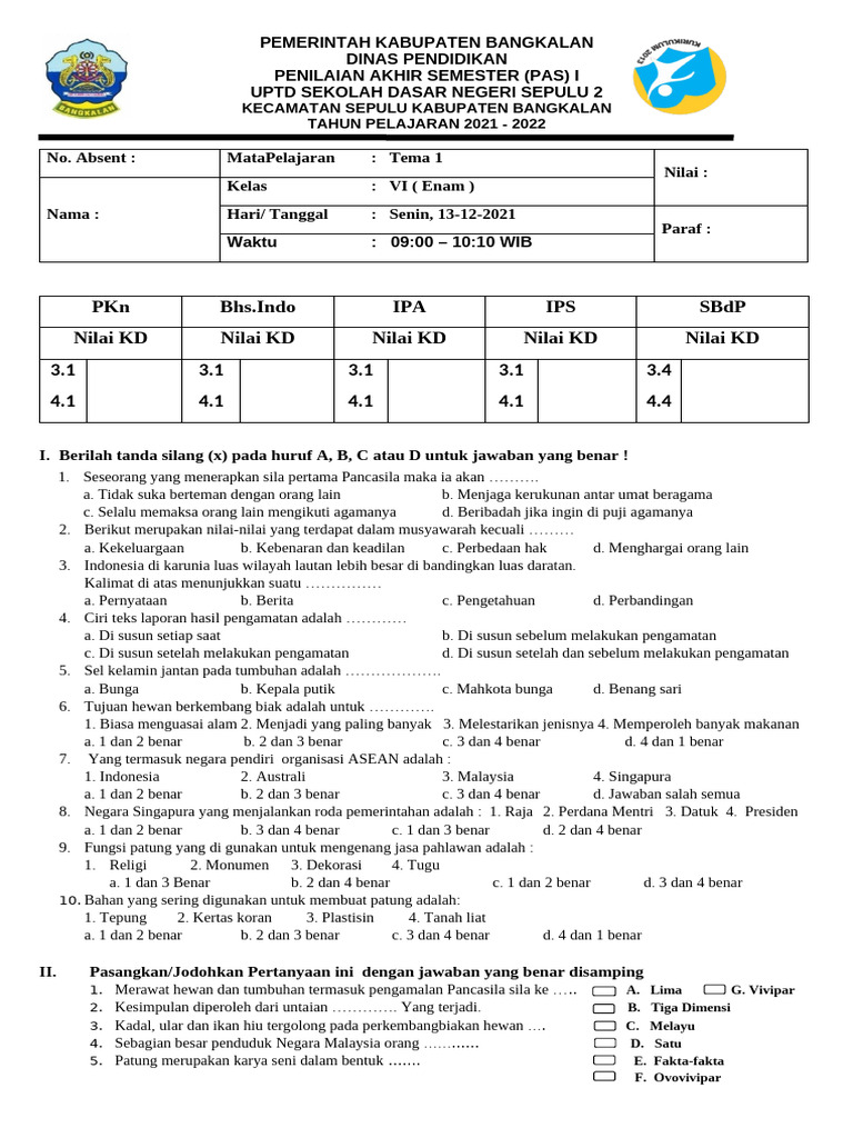 Soal PAS Kelas 6 Semester 1 Tema 1 2021-2022 AGUS | PDF