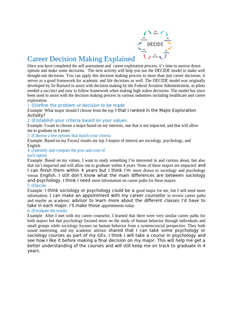 Career Decision-Making Using DECIDE Model | PDF | Psychology | Decision ...