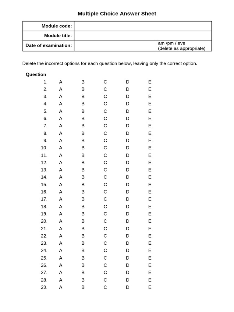 Multiple Choice Answer Sheet Template | PDF | Multiple Choice | Tests