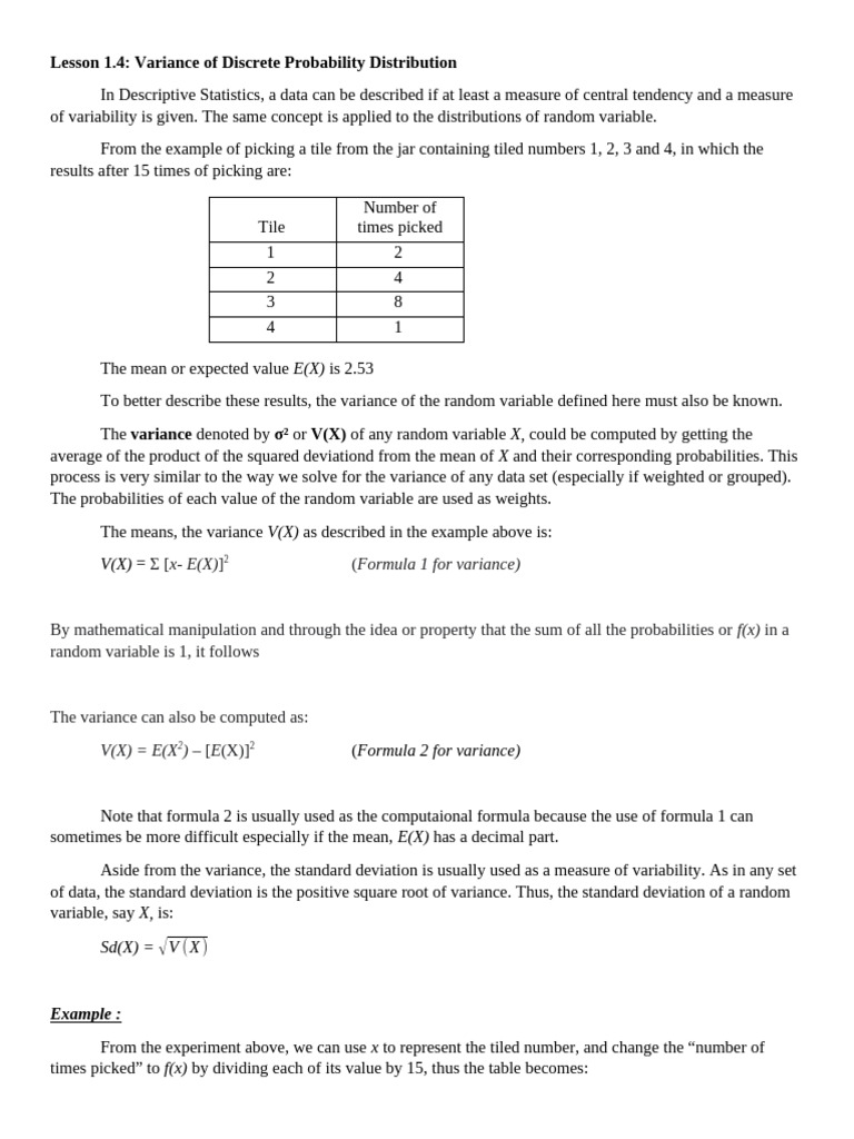 Variance in Discrete Probability Distributions | PDF | Variance ...