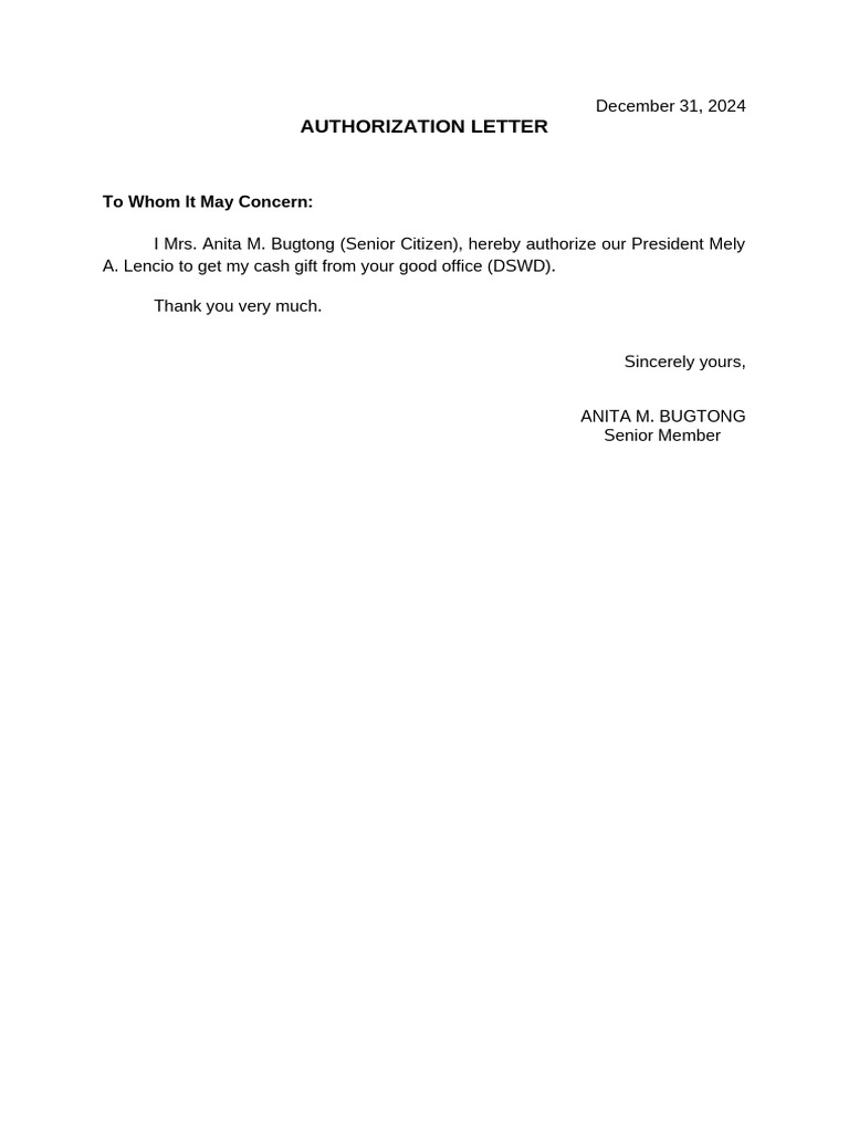 Authorization Letter Senior Citiozen | PDF