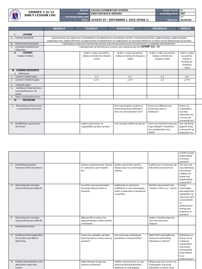DLL - Esp 4 - Q1 - W1 | PDF